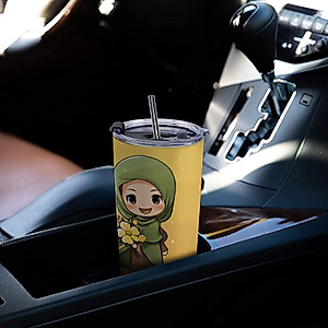 FZMTLDS Cartoon Muslim Girl Tumbler 20oz Stainless Steel Water Bottles with Handle Leak-proof Large Capacity Car Cup Travel Mug Insulated Coffee Cup Gifts for Women Men
