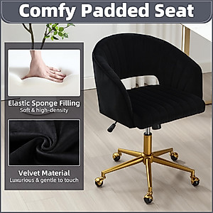 ABET Desk Chair with Wheels, Velvet Home Office Chair, Swivel Armchair Gold Base, Upholstered Modern Accent Chairs, Back Incline Adjustable for Living Room Bedroom Vanity, Black