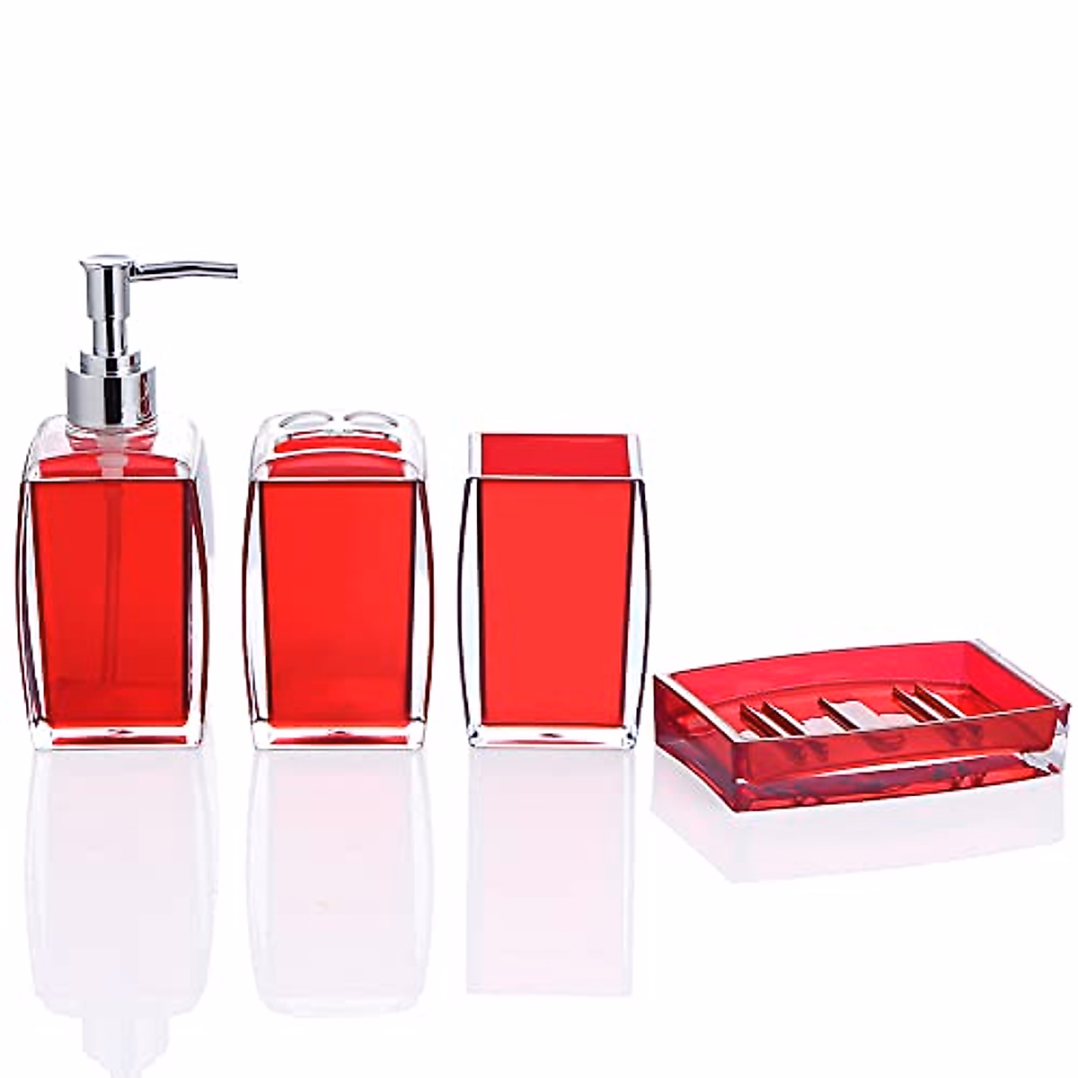 Yueranhu Red Bathroom Accessories Set, 4-Pieces Acrylic Bathroom Accesory Set Decor Gift - Toothbrush Holder, Toothbrush Cup, Soap/Lotion Dispenser, Soap Dish