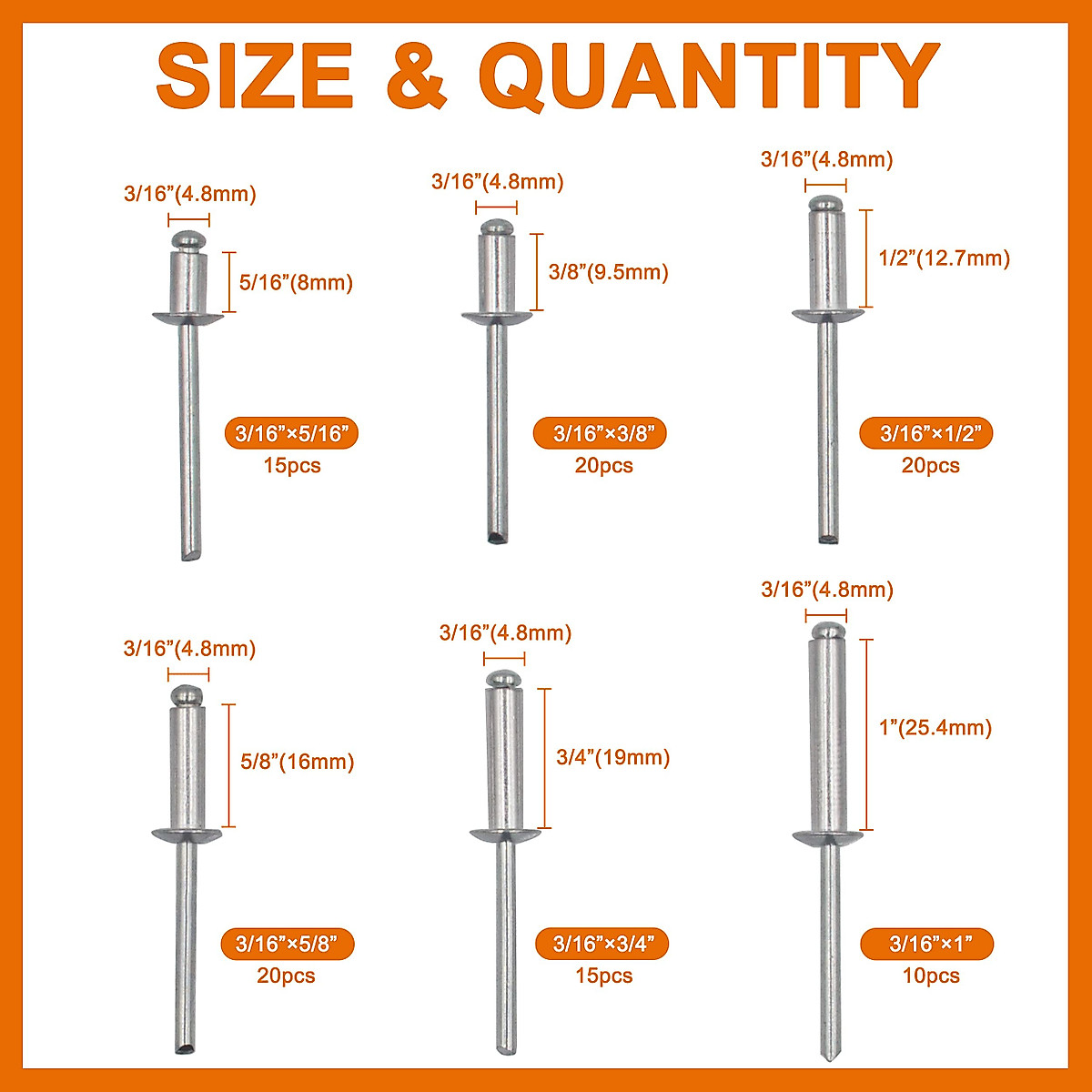 ISPINNER 100pcs 6 Sizes Aluminum Blind Rivets, Pop Rivets Assortment Kit 3/16" x (5/16" 3/8" 1/2" 5/8" 3/4" 1")(Silver)
