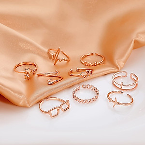 ZOERAY 16 Pcs Adjustable Rings for Teen Girls Arrow Knot Heart Wave Rings Knuckle Stacking Rings for Women Open Rings Set