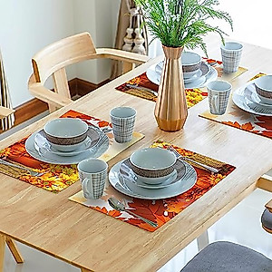 Pumpkin Placemats Set of 4 Fall Leaves Sunflowers Washable Non-Slip Heat Resistant 12×18 Inch Thick Linen Place Mats Autumn Harvest Thanksgiving Festival Decorative Fabric Table Mat for Dining Table