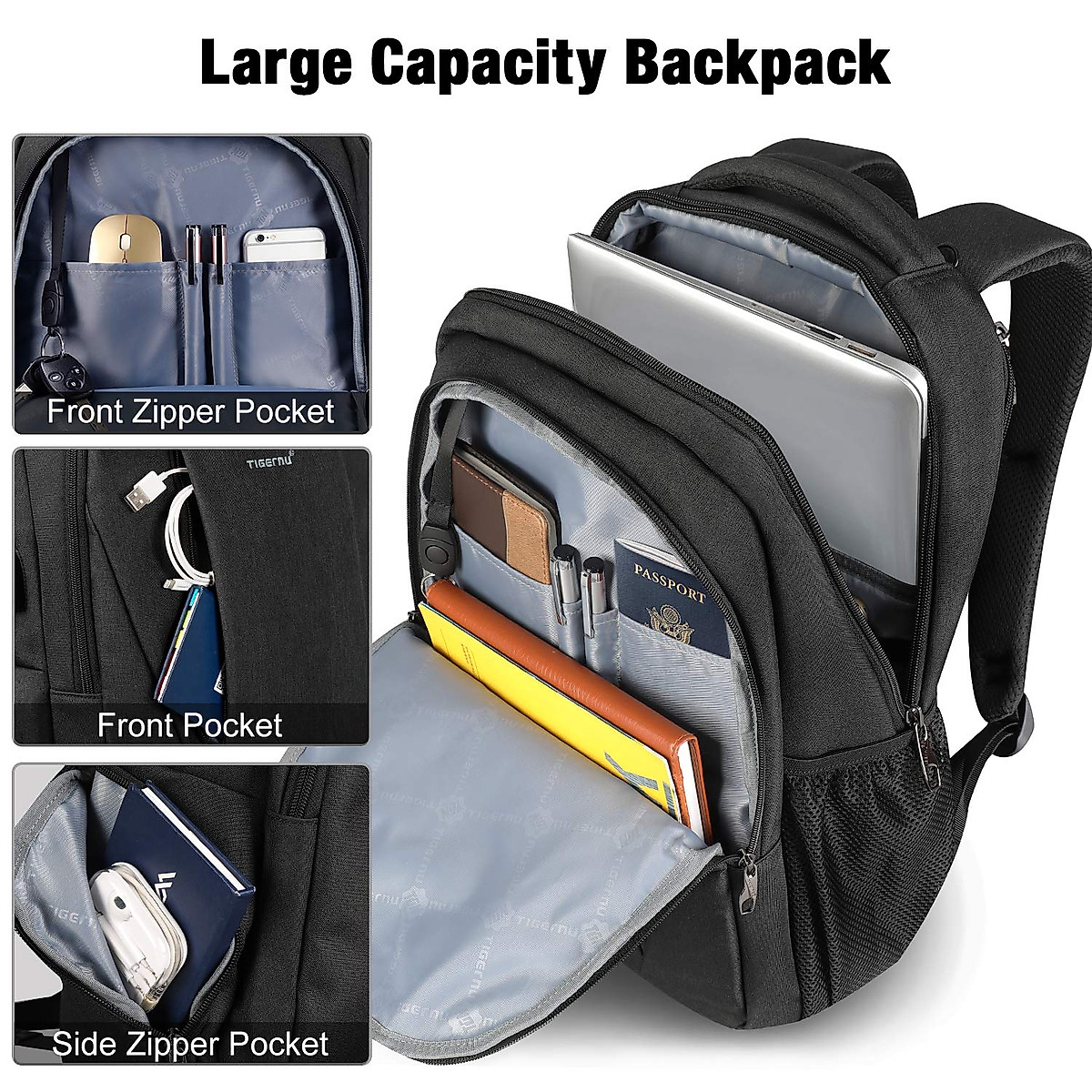 TIGERNU Laptop Backpack, Business Slim Anti-theft Backpacks with USB Charging Port, Water Resistant College Bookbag with Laptop Compartment for Men Work, Fits 15.6 Inch Laptop and Notebook, Black