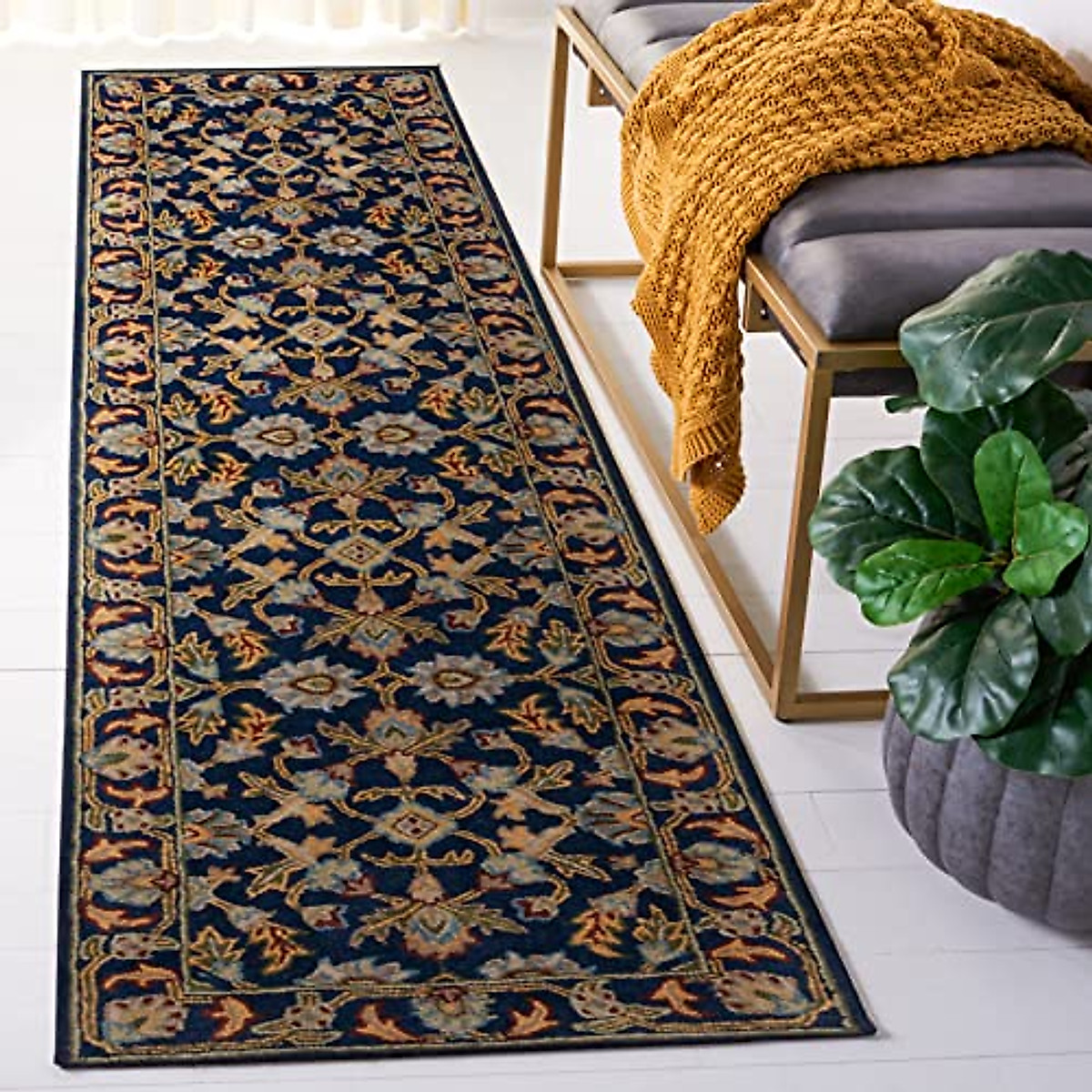 SAFAVIEH Blossom Collection 2' 3" x 12' Navy BLM219A Handmade Premium Wool Entryway Foyer Living Room Kitchen Runner Rug