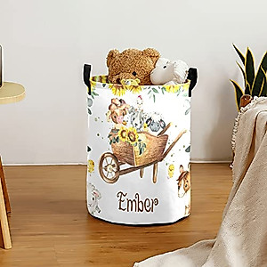 Sunflower Farm Animals Personalized Laundry Basket Clothes Hamper with Handles Waterproof,Custom Collapsible Laundry Storage Baskets for Bedroom,Bathroom Decorative Large Capacity
