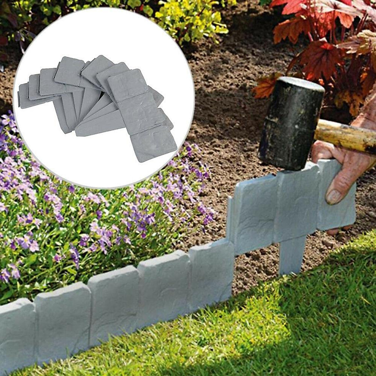 20 pcs Stone Effect Plastic Palisade Fence, Garden Border Edging Gray Stones Effect Fence in Lawn Edging Plant Border Garden Landscape Edging (Black)