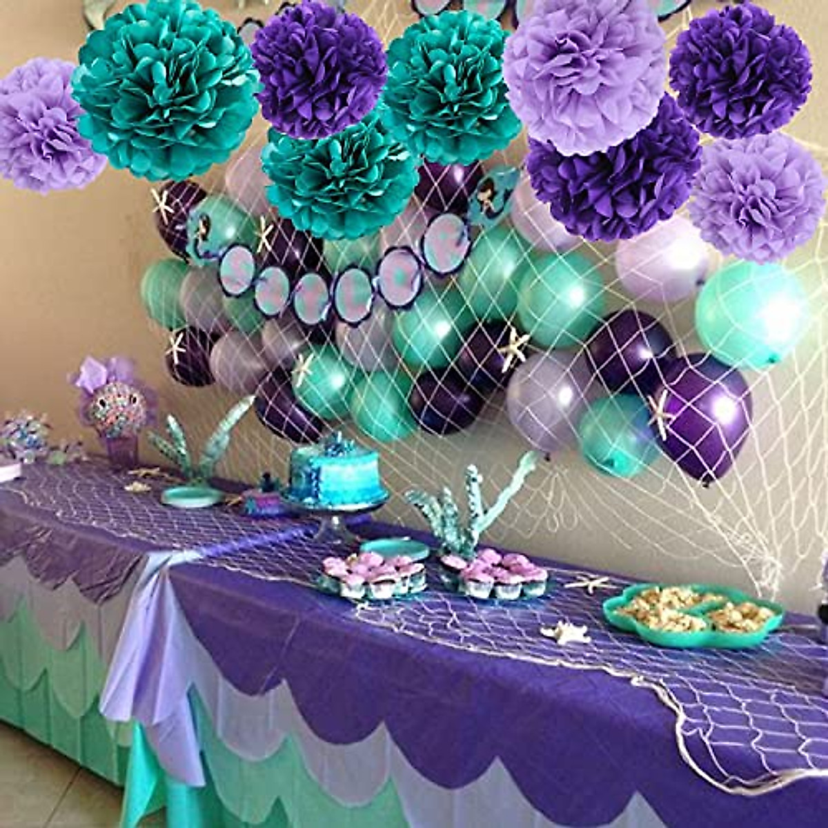 Paper Pom Poms Flowers Mermaid Party Under The Sea Decor Birthday Baby Shower Wedding Party Decoration 9pcs (Purple Teal Lilac)