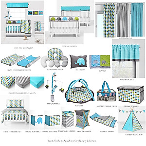 Bacati - Elephant Aqua, Lime, Grey 100% Cotton Percale 2 Pack Baby Crib & Toddler Bed Fitted Sheets