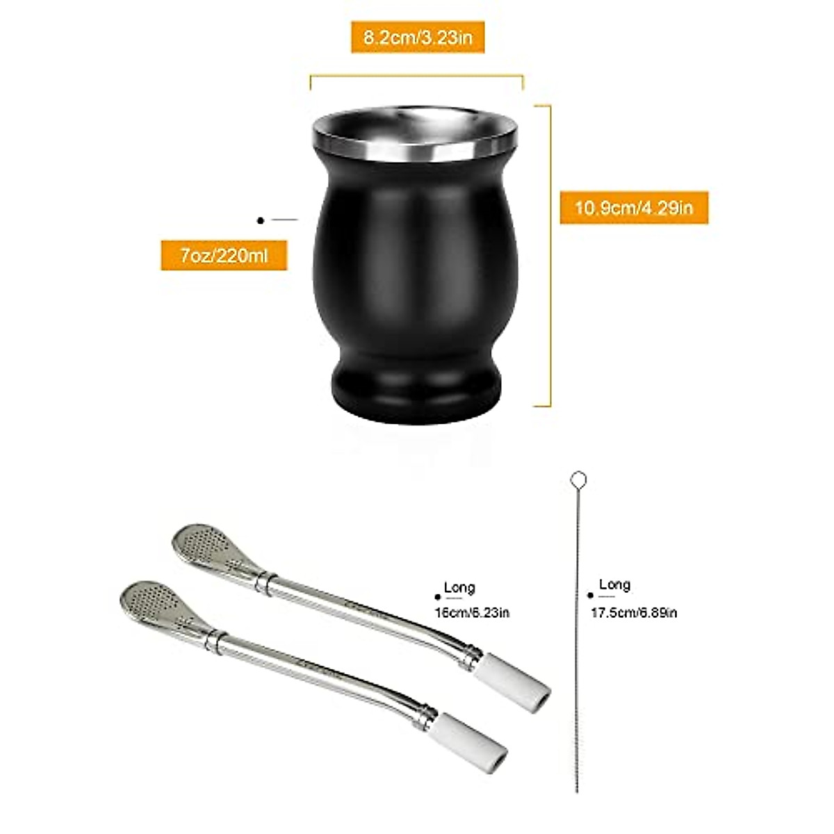 Evepure Yerba Mate Gourd Cup- Mate Gourd and Bombilla Set - Silicone Straw Tips for Yerba Mate Bombillas - Midnight Black