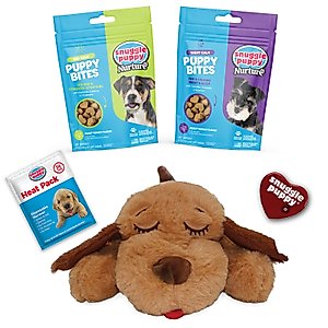 Snuggle Puppy Original Heartbeat Stuffed Toy for Dogs, Pet Anxiety Relief and Calming Aid Bundle with Puppy Bites Day Calm and Night Calm.