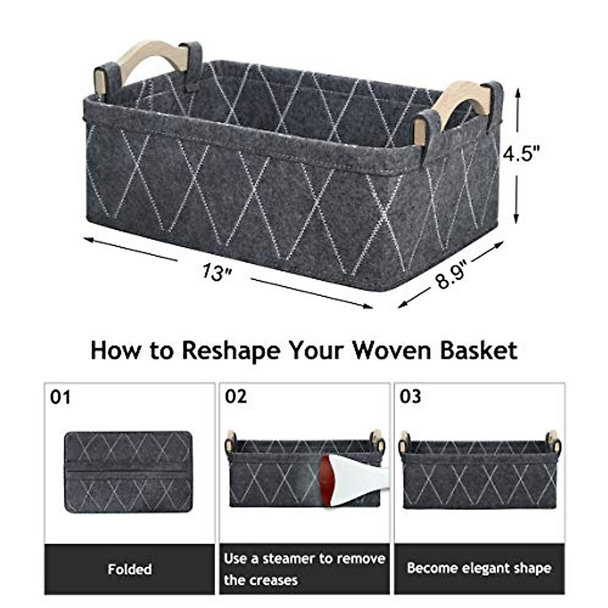 Small Storage Baskets Foldable Rectangle Containers Empty Gift Basket for DVD CD Record Cord Books Video Electronics Items Remote TV Cabinet Organizer with Wooden Handles