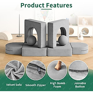 8 Pcs Kids Couch, Modular Kids Play Couch, Fold Out Toddler Couch Building Fort with Balls for Playroom, Convertible Kids Floor Sofa and Foam Couch for Boys and Girls, 30+ Creativity - Grey