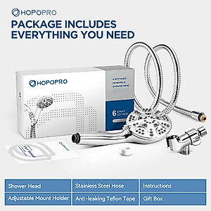 HOPOPRO 6 Functions Handheld Shower Head Set High Pressure High Flow Hand Held Showerhead with 59 Inch Hose Bracket Teflon Tape Rubber Washers