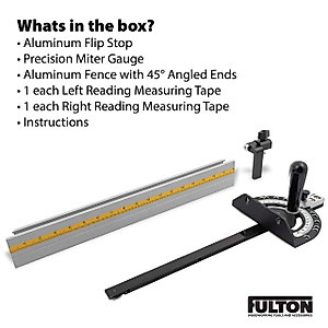 Fulton Precision Miter Gauge with Aluminum Miter Fence with 45 degree Angled Ends for Maximum Stock Support and a Repetitive Cut Flip Stop