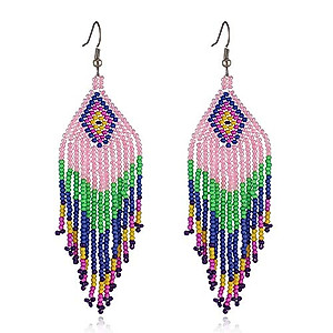 Weicam Women Jewellery 4 Pair Multicolor Nation Bohemian Style Tassel Earrings Handmade Beaded Jewelry