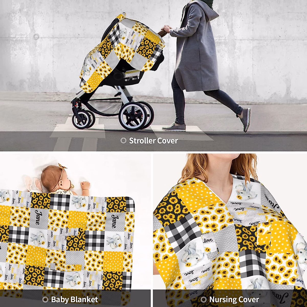 Personalized Elephant and Sunflower Plaid Baby Infant Car Seats Canopy for Babies with Name, Custom Multi-use Blankets for Baby Boys Girls, Peekaboo Minky Nursing Stroller Cover Canopies for Newborn