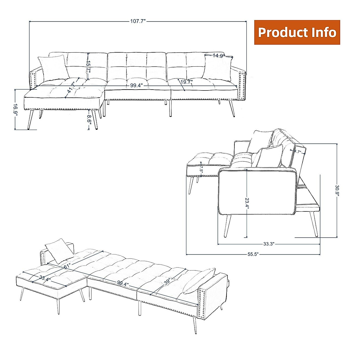 GlasFlength Sectional Couches for Living Room - Convertible Sleeper Sofa Bed, Reversible Chaise Lounge, Nailhead Decor L-Shaped Sectional Sofa Bed for Home, Office, Apartment - Black