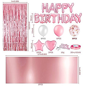 MOVINPE Pink Birthday Party Decoration, Happy Birthday Banner, Rose Gold Fringe Curtain, Foil Tablecloth, Heart Star Foil Confetti Balloons, 10g Table Confetti for Women Girl Birthday Party