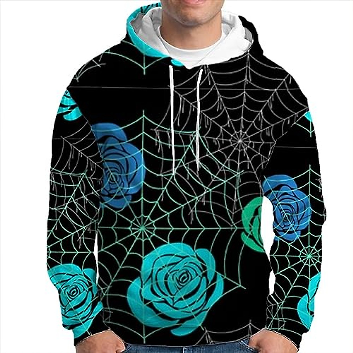 Muscularfit men hoodies with zipper Halloween Crewneck Sweatshirt Men Funny Cobweb Floral Print Graphic Tee Shirt Drawstring Long Sleeve Pullover Top time limited deals today Blue 3X
