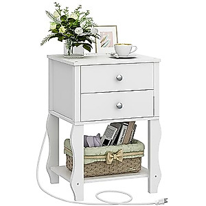 White Nightstand with Charging Station,2 AC and 2 USB Power Outlets, Small End Table with 2 Drawers, Mid-Centry Modern Nightstand for Bedroom,Dormitory,11.81" D x 15.35" W x 21.85" H XXCTG03W-E