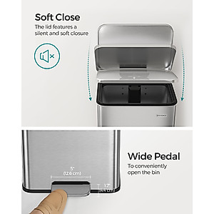 SONGMICS Kitchen Trash Can, 10.5 Gallon (40 L) Garbage Can, Large Step Trash Bin with Lid, Stainless Steel, Soft Close, 15 Trash Bags Included, Silver ULTB540E40