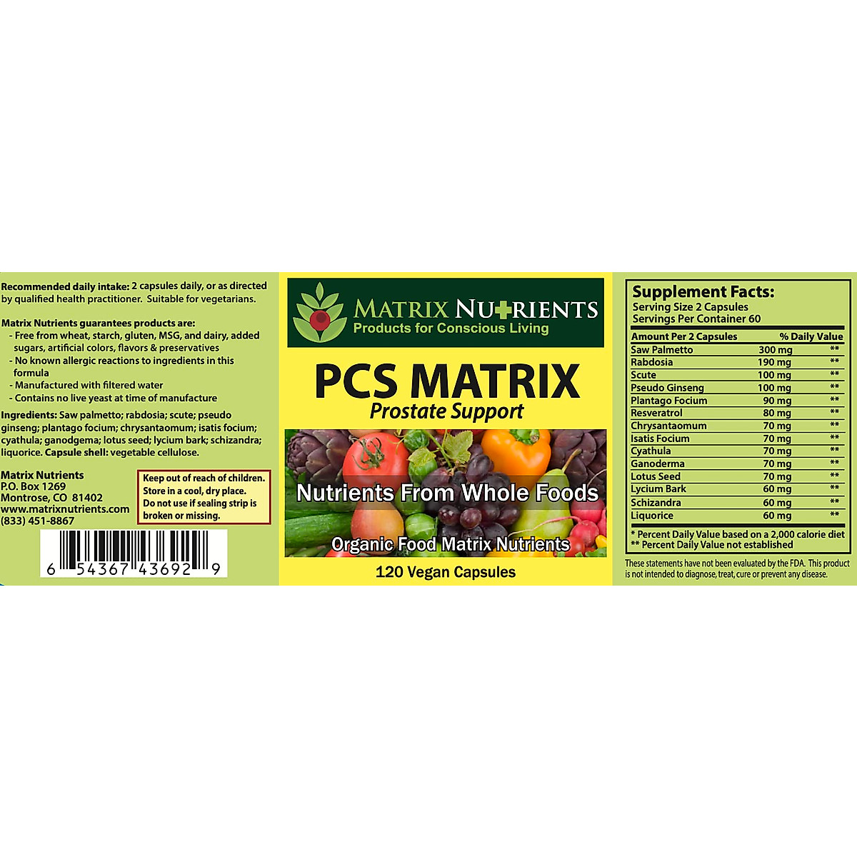 PCS Matrix - Lower PSA Levels for Healthy Prostate - 100% Natural Ingredients: Saw Palmetto, Rabdosia, Scute, Plantago Focium, Chrysantaomum, Ganoderma, Lotus Seed - Vegan Capsules (120ct)