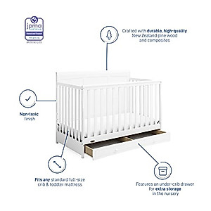 Graco Asheville 4-in-1 Convertible Crib with Drawer (White) – GREENGUARD Gold Certified, Crib with Drawer Combo, Full-Size Nursery Storage Drawer, Converts to Toddler Bed, Daybed and Full-Size Bed