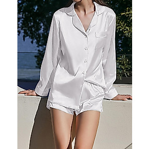 Ekouaer Women's Bridal Feather Trim Silk Satin Pajama Set Long Sleeve Lounge Sets Sleepwear (Removable Feather) White Small