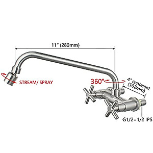 UMANYI Commercial Kitchen Faucets Wall Mount 4 inch Center Stainless Steel Brushed Nickel 2 Handle Utility Laundry Sink Bar Pre Faucet 11" Spout with Aerator SSKF09-3CZ