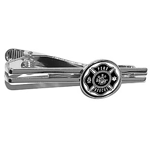 Firefighter Firemen Maltese Cross - Black Round Tie Bar Clip Clasp Tack - Silver