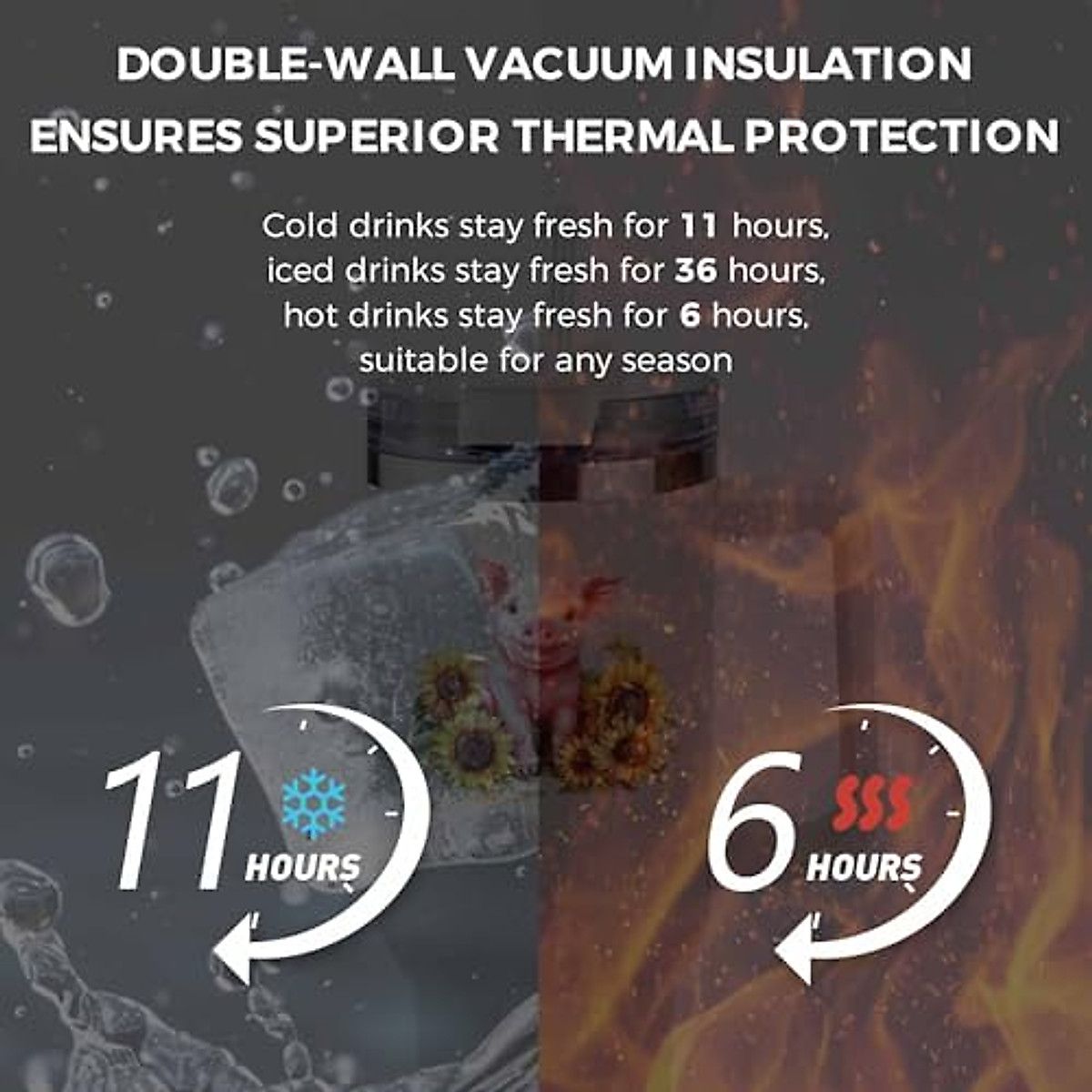 LB LEOBON 40 ounce insulated cup with handle, double-layer vacuum stainless steel material, equipped with straw, can keep warm or maintain cold drinks Pink Pig Sunflower white