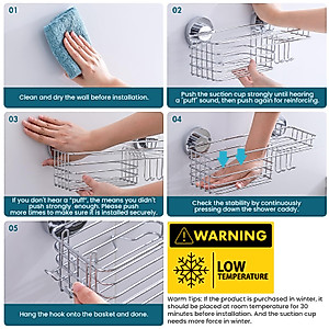 TAILI Shower Caddy Suction Cup 2 Pack with Hooks & Soap Holder, Heavy Duty Shower Organizer for Bathroom, No Drilling Silver Shower Shelves for Inside Shower, Stainless Steel Shower Holder