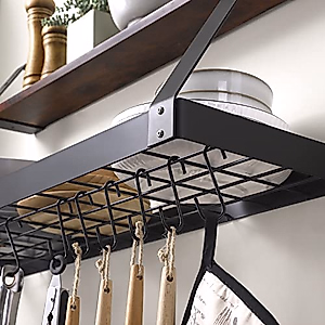 KES Hanging Pot Rack Wall Mounted for Kitchen with Wooden Shelf 30-Inch Pan Rack Pot and Pan Organizer with 12 Hooks Matte Black, KUR503S75-BK