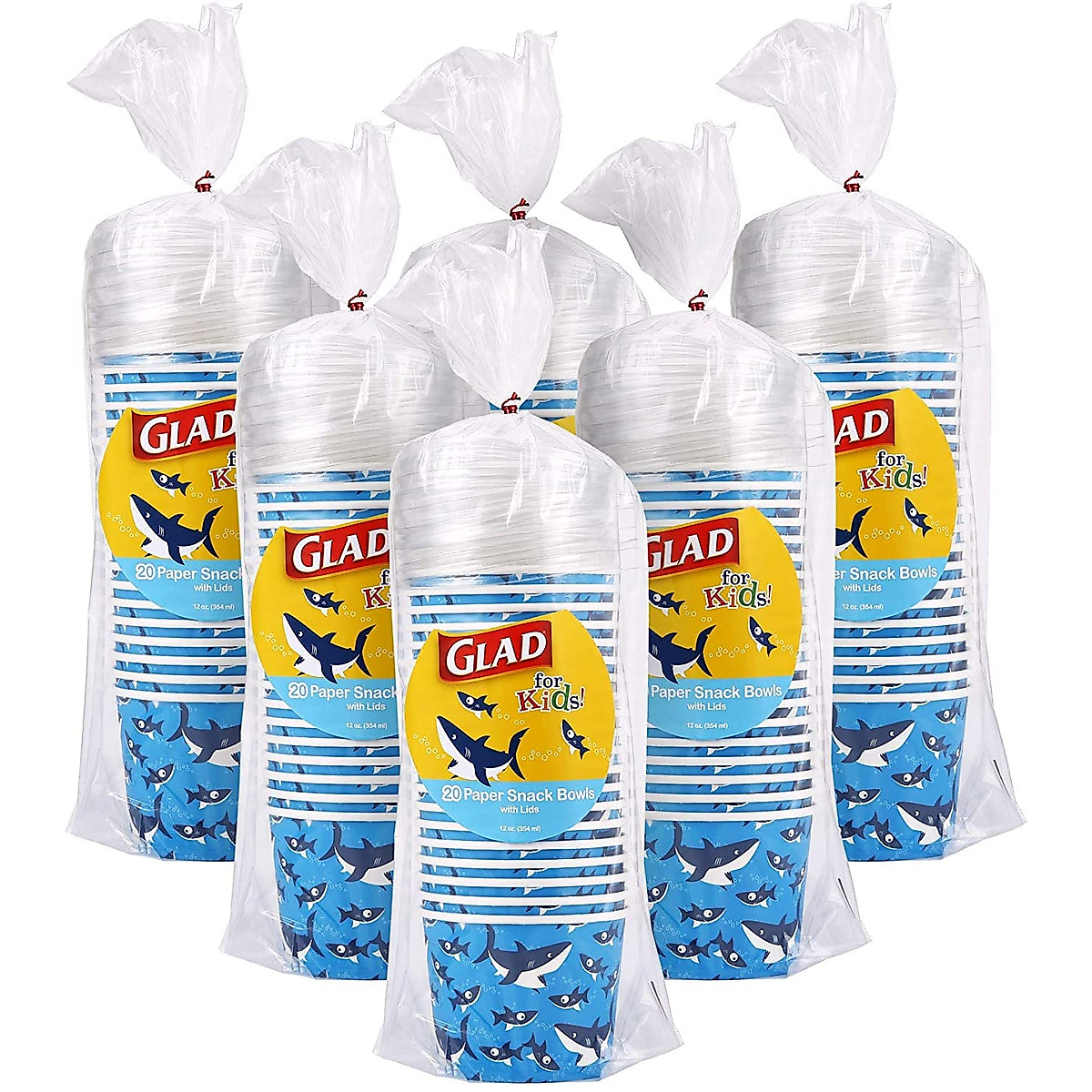 Glad for Kids Sharks 12 oz Paper Snack Bowls with Lids, Disposable Snack Cups with Lids, 12 oz, Heavy Duty Disposable Soak Proof Microwavable Paper Bowls for Soup, Ice Cream, 20 Count (Pack of 6)