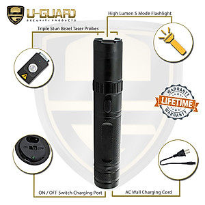 Self-Defense Weapon Kit Aluminum Stun Flashlight Pepper Spray Combo Tactical Stun Gun with Pocket Pepper Spray Less Lethal Personal Protection Devices Stun Flashlight Premium Flashlight (Black)