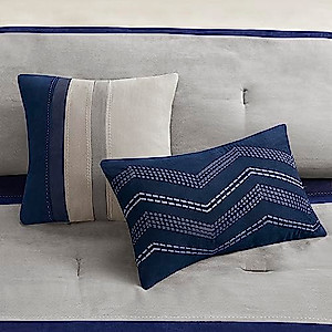 Madison Park Palisades Comforter Set Modern Faux Suede Pieced Stripe Design, All Season Down Alternative Cozy Bedding with Matching Shams, Decorative Pillows, Cal King(104"x92"), Blue 7 Piece