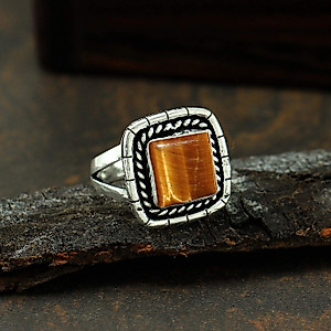 Tiger Eye Ring Sterling Silver Plated for Women Size 10, Handmade Brown Black Stone June Birthstone Bohemian Victorian Jewelry Gifts For Her