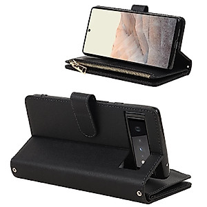 Jaorty for Google Pixel 6 Phone Case Wallet for Women Men with Crossbody Strap Lanyard,Pixel 6 Wallet Case with Card Holer,Zipper Pocket PU Leather Phone Case for Pixel 6, 6.4 Inch, Black