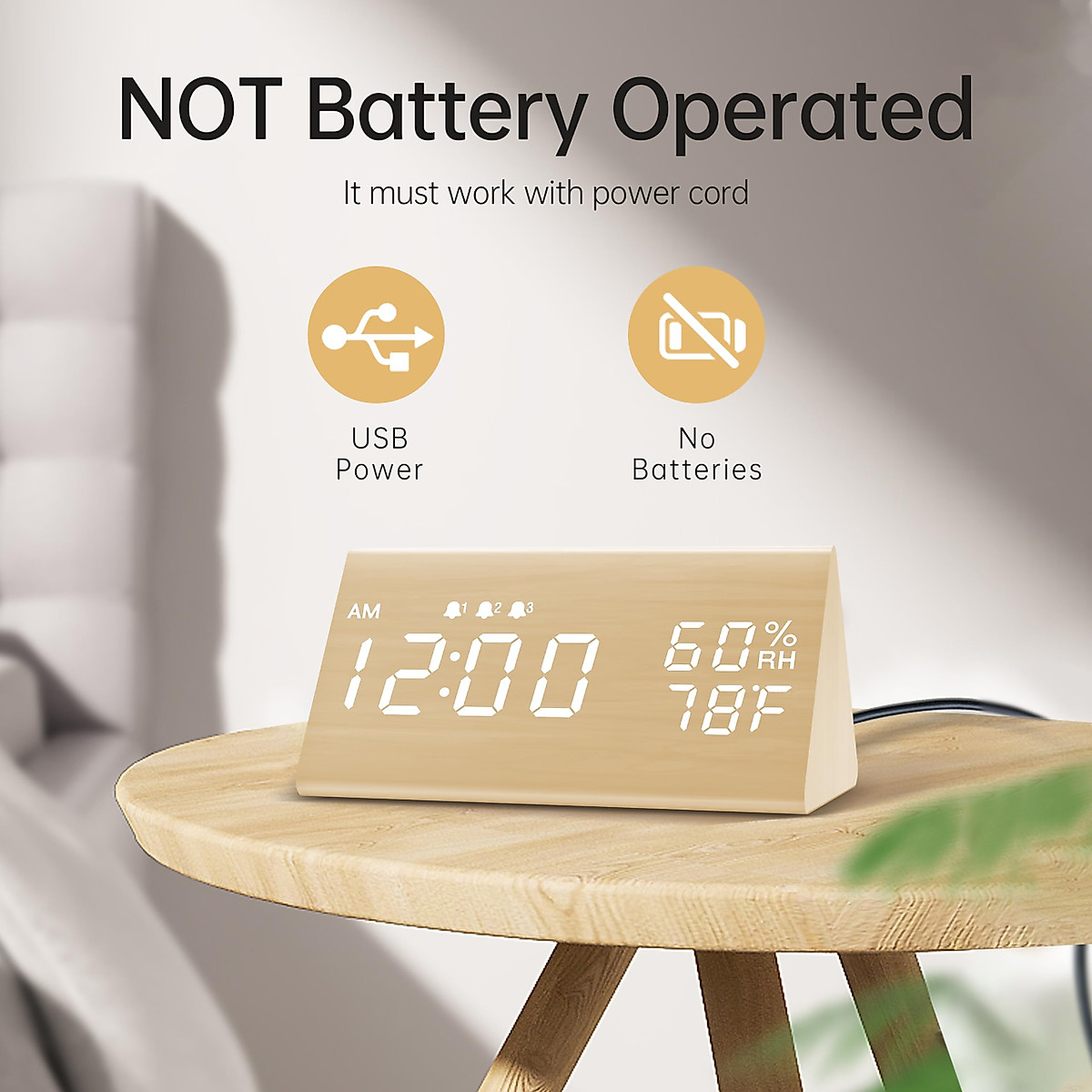 JALL Digital Alarm Clock, with Wooden Electronic LED Time Display, 3 Alarm Settings, Humidity & Temperature Detect, Wood Made Electric Clocks for Bedroom, Bedside (Yellow)