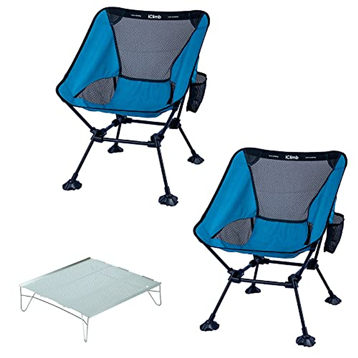 iClimb 2 Anti-Sinking Large Feet Chair and 1 Solo Mini Folding Table Bundle, Ultralight Compact for Two Person Outdoor Backpacking Hiking Camping Beach Concert