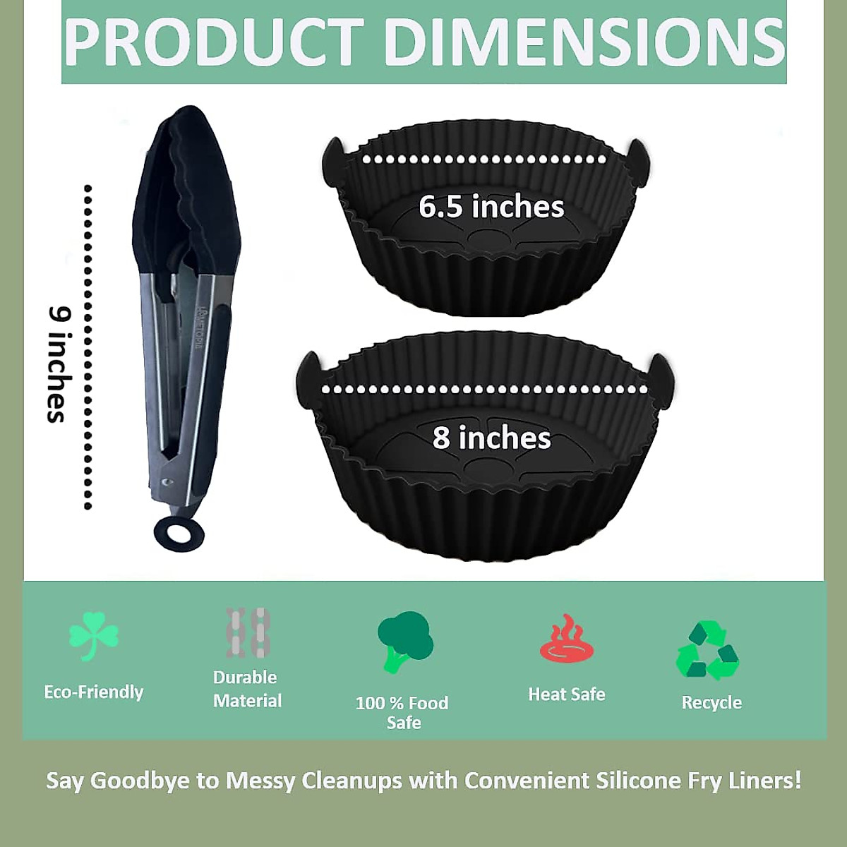 HOMETOPIA (Pack of 3) 2 Air Fryer Silicone Liners 8″&6.5″, 1 Tong, Nonstick & Reusable Baking Tray Oven Accessories, Replacement of Flammable Parchment Paper, Suitable for 3-5 QT Air Fryer (Black)