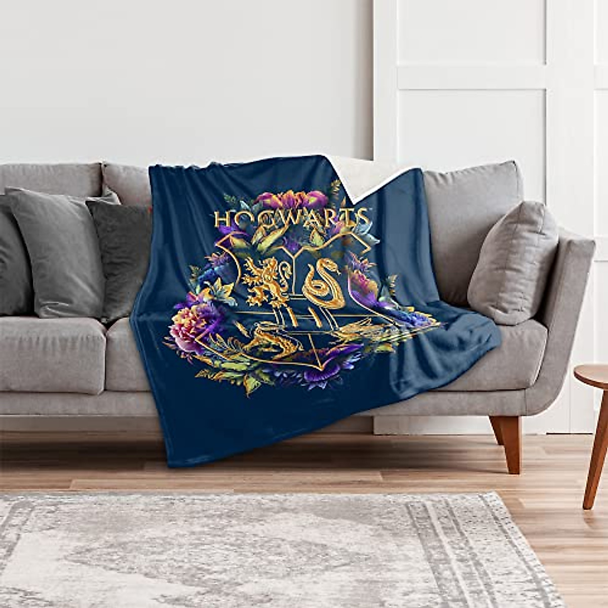Harry Potter Blanket, 50"x60", Hogwarts Multi-Colored Floral Crest Silky Touch Sherpa Back Super Soft Throw Blanket