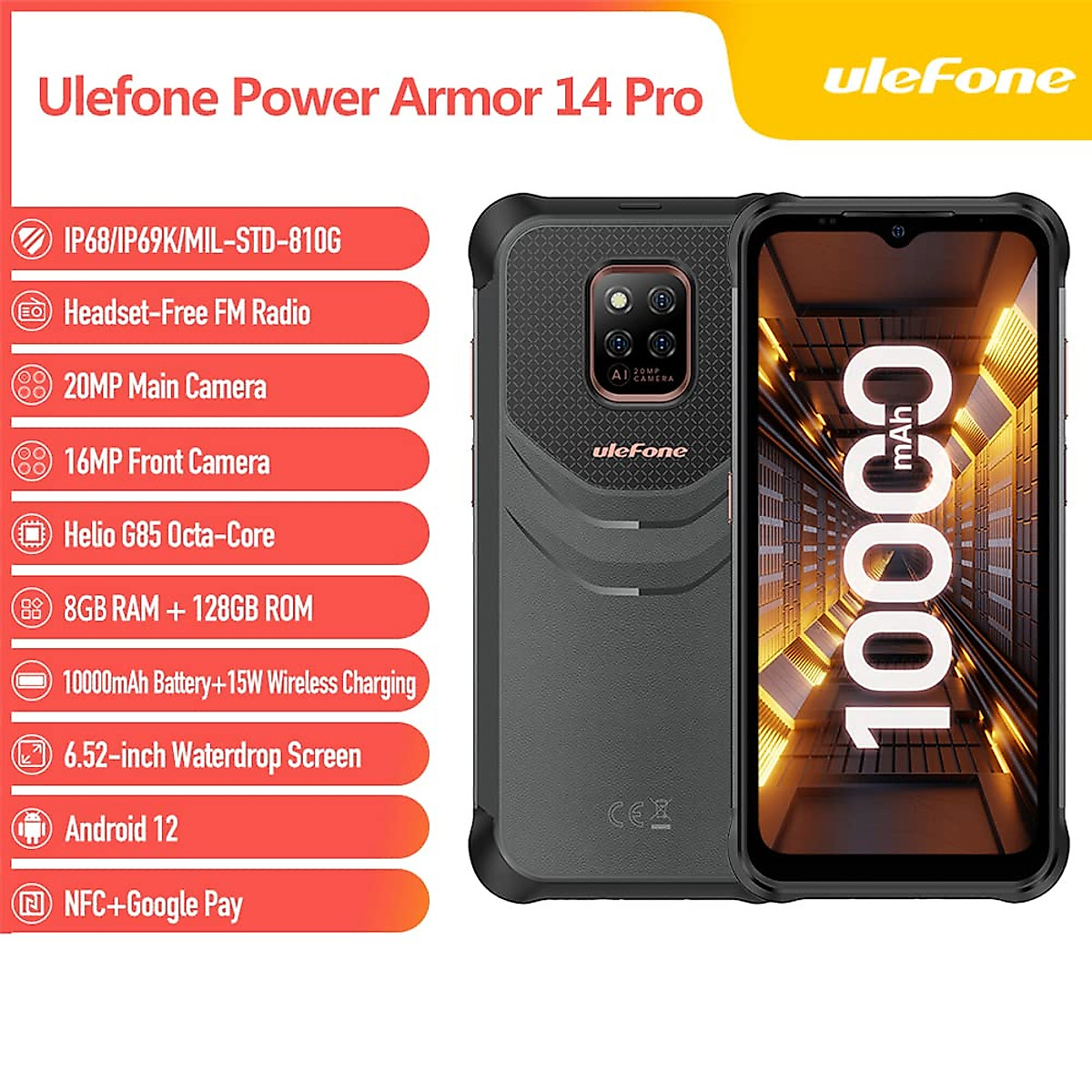Ulefone Power Armor 14 Pro 10000mAh Rugged Smartphone 2023, Android 12 6GB+128GB IP68 Waterproof Phone, 20MP Triple Rear Camera, Wireless Charging, 6.52"HD+ Screen Dual SIM 4G Rugged Phone OTG NFC FM