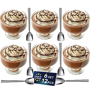 Glasia Set of 6 Glass Ice Cream Bowls and 6 Stainless Steel Spoons | Small Dessert Cups for Parfait Sundae Snacks Fruit | Mini Footed Trifle Tasters with Spoon