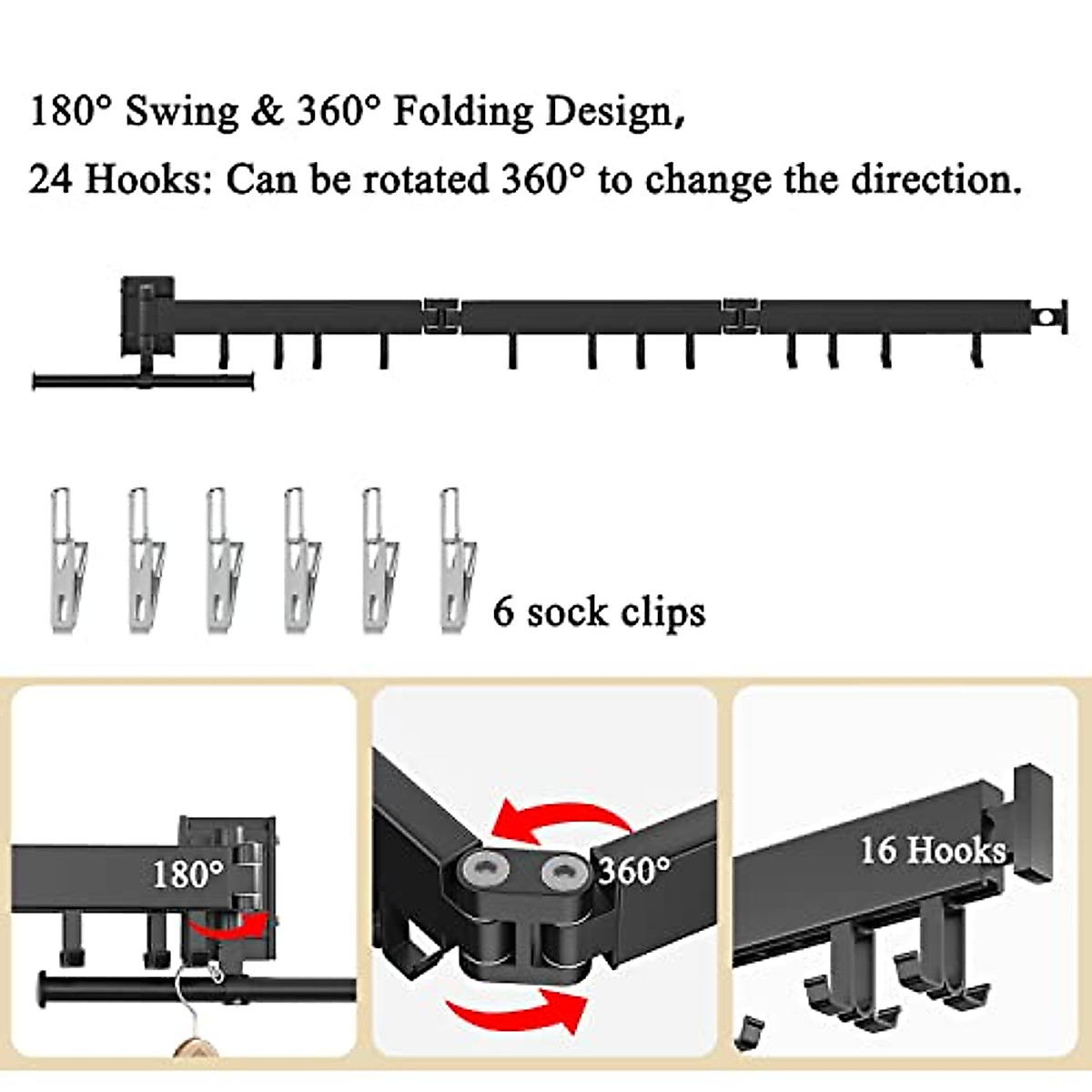 BONYCUST 3 Fold Retractable Clothes Drying Rack, Wall Mounted Clothes Hanger Collapsible with Storage Lever for Balcony, Bathroom, Patio,Laundry (Black)