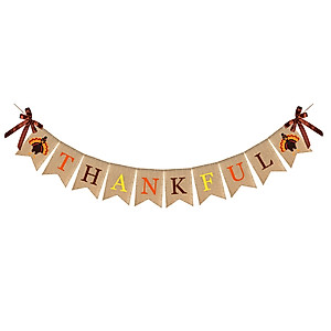 Whaline Fall Thanksgiving Burlap Banner Vintage Turkey Thankful Banner Garland with Bows Fall Autumn Hanging Bunting Flag for Harvest Thanksgiving Day Home Party Decoration Supplies
