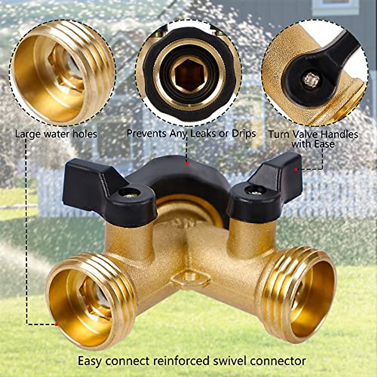 Biswing 2 Pack Garden Hose Splitter 2 Way, Heavy Duty Brass Connector Tap Splitter, Y Splitter 2 Valves with 4 Extra Rubber Washers