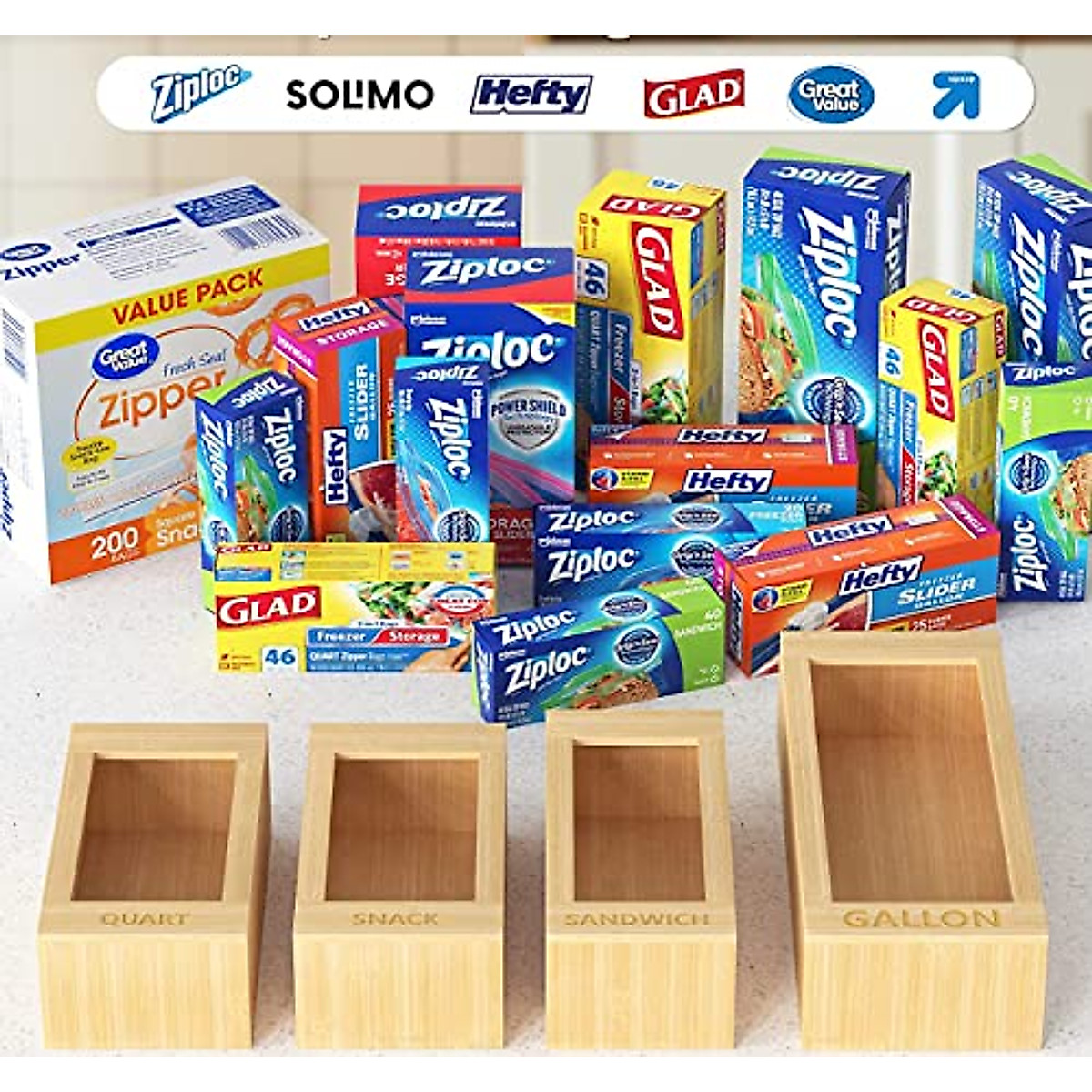 ANLIZY Ziplock Bag Storage Organizer - Plastic Bag Organizer for Kitchen Drawer, Bamboo Baggie Organizer for Gallon, Quart, Sandwich, Snack, Compatible with Ziploc, Glad, Solimo, 365 by WFM, Hefty