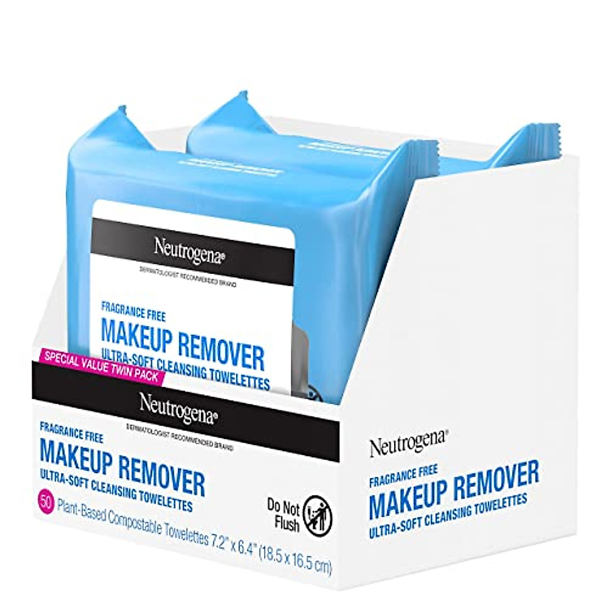 Neutrogena Makeup Remover Cleansing Face Wipes, Daily Cleansing Facial Towelettes to Remove Waterproof Makeup and Mascara, Alcohol-Free, Value Twin Pack, 25 Count, 2 Pack