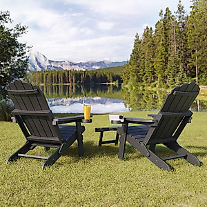 Ahomly Adjustable Backrest Adirondack Chair with Ottoman & 2 Cup Holders, HIPS All-Weather Folding Adjustable Adirondack Chair, for Outdoor, Beach, Pool, Porch, Lawn, Black